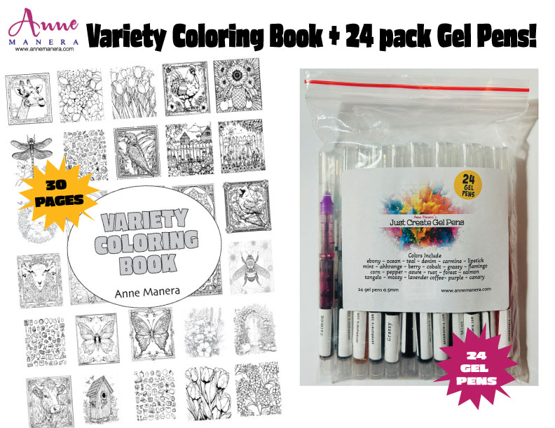 Variety Coloring Book 30 Pages + Gel Pens 24 Colors