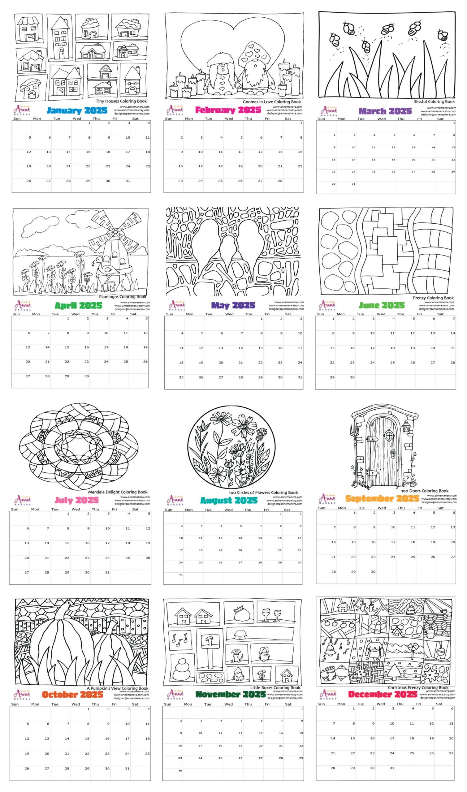 2025 Coloring Calendar illustrated by Anne Manera