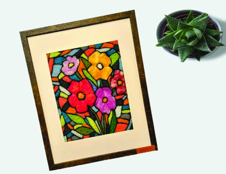 Stained Glass Blooms – Needle Felted Wool Painting 11″x 14″ framed